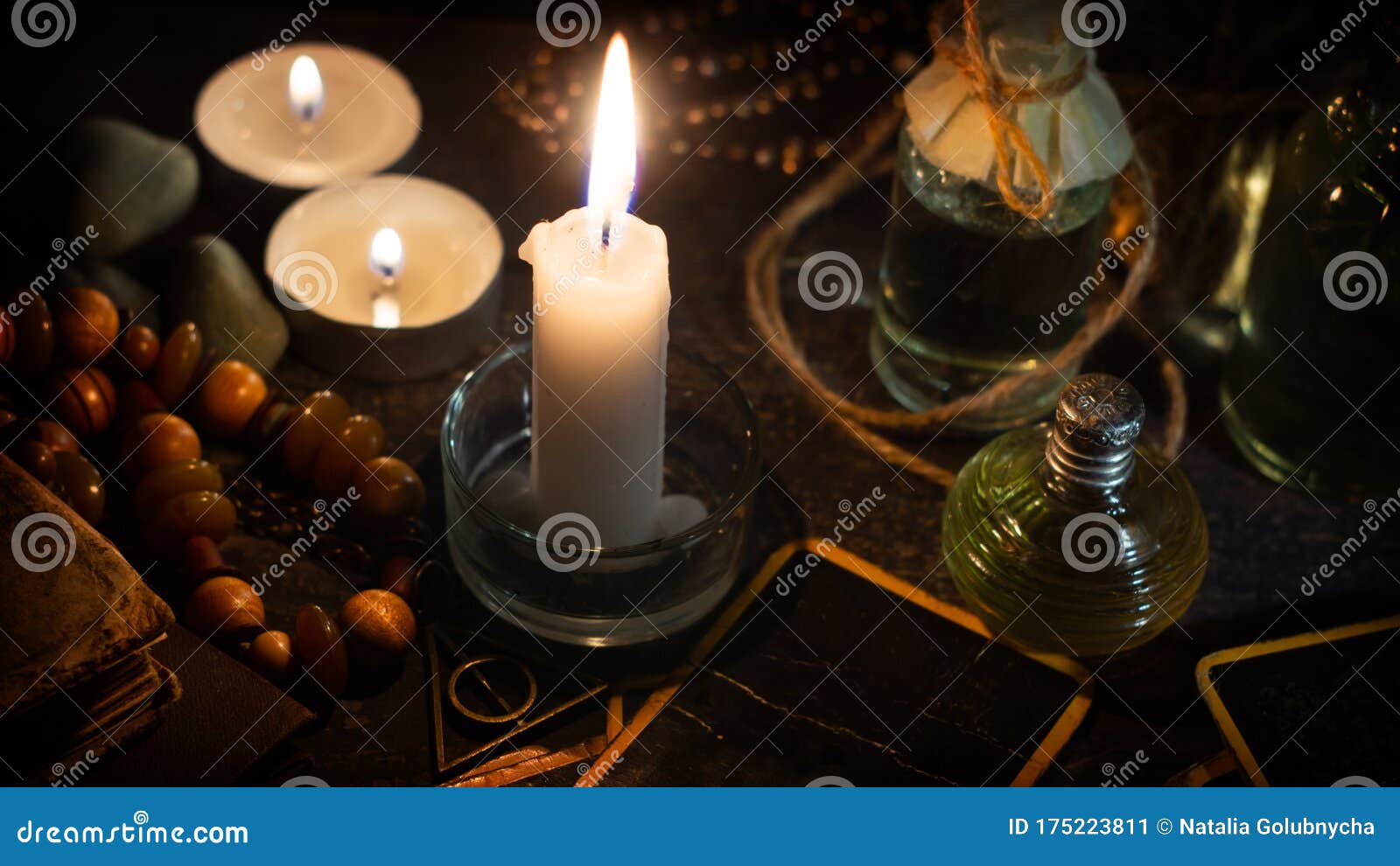 Magic Concept. Burning Candles, Tincture Bottles and Fortune-telling ...