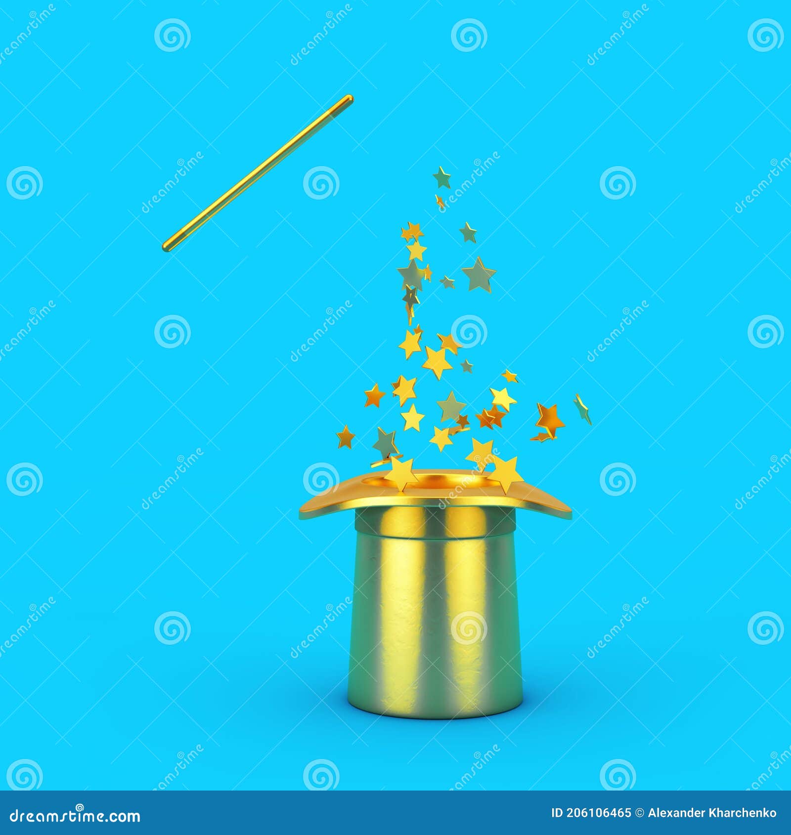 Magic Concept. Golden Magic Hat and Wand with Gold Sparkles. 3d ...