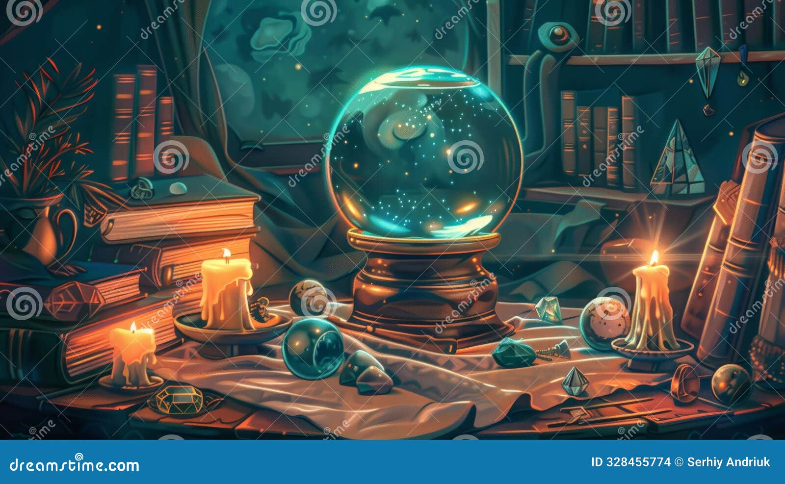 Magic Crystal Ball, Magic Books and Candles on the Table. 3d ...