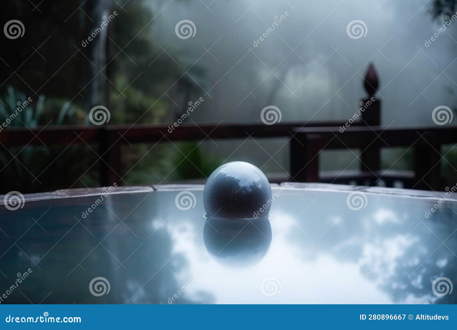 Magic Crystal Ball Floating Above Pool of Water, Surrounded by Mist ...