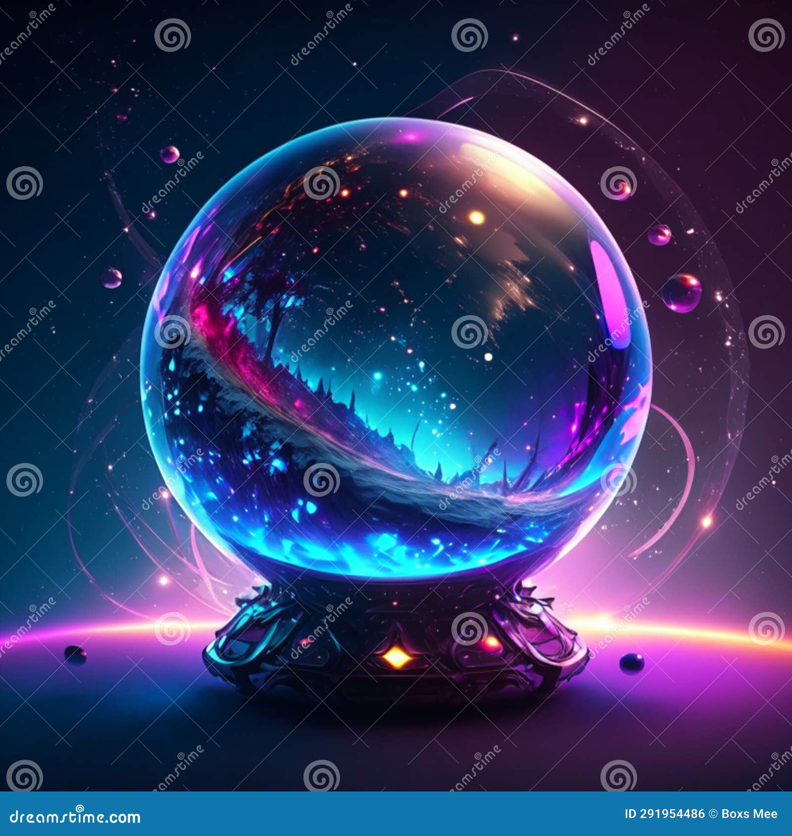 Magic Crystal Ball with Magic Light Effect. Vector Illustration in Neon ...