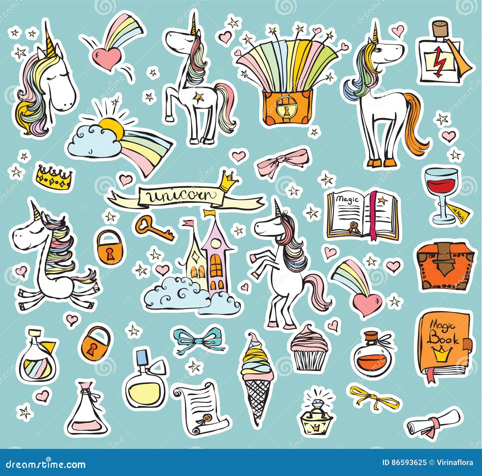 Magic Cute Unicorns Stickers Stock Vector - Illustration of cute, funny ...
