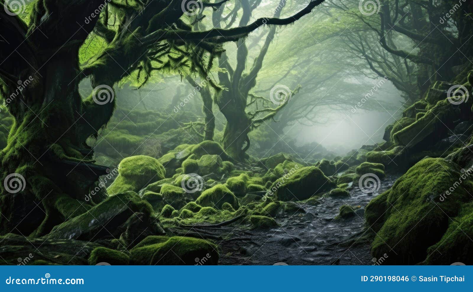 Magic Deep Forest with Moss and Fog Stock Illustration - Illustration ...