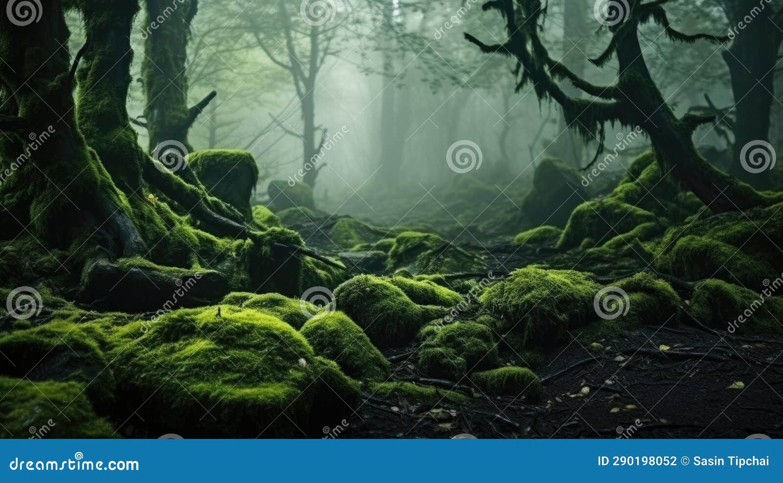 Magic Deep Forest with Moss and Fog Stock Illustration - Illustration ...