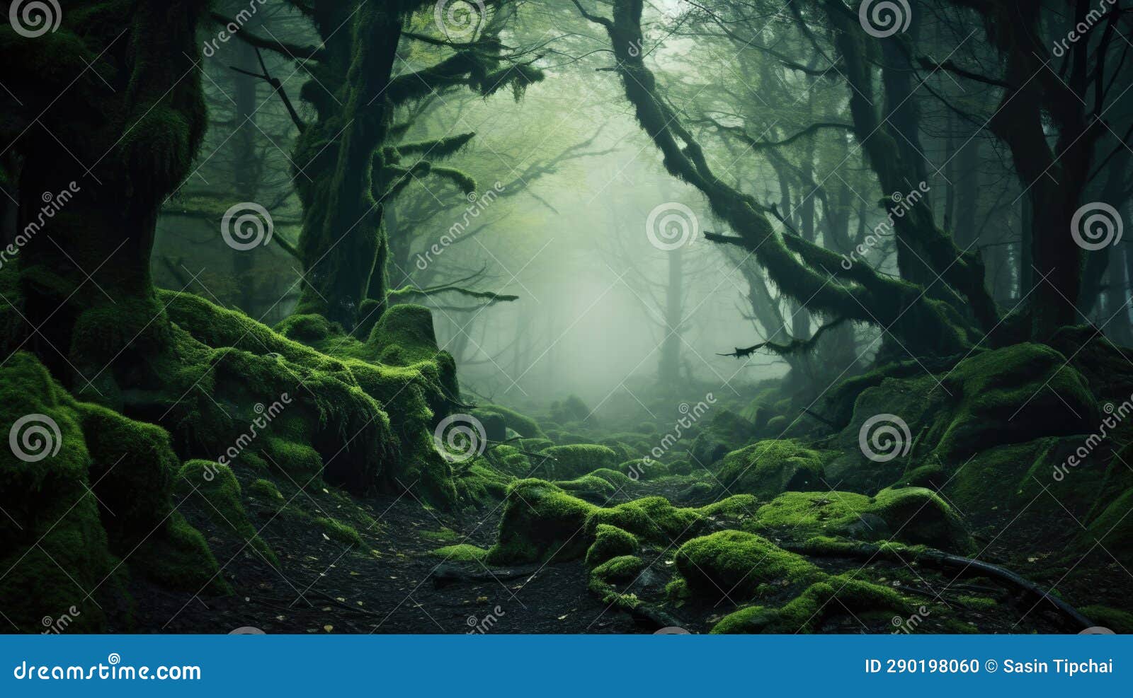 Magic Deep Forest with Moss and Fog Stock Illustration - Illustration ...