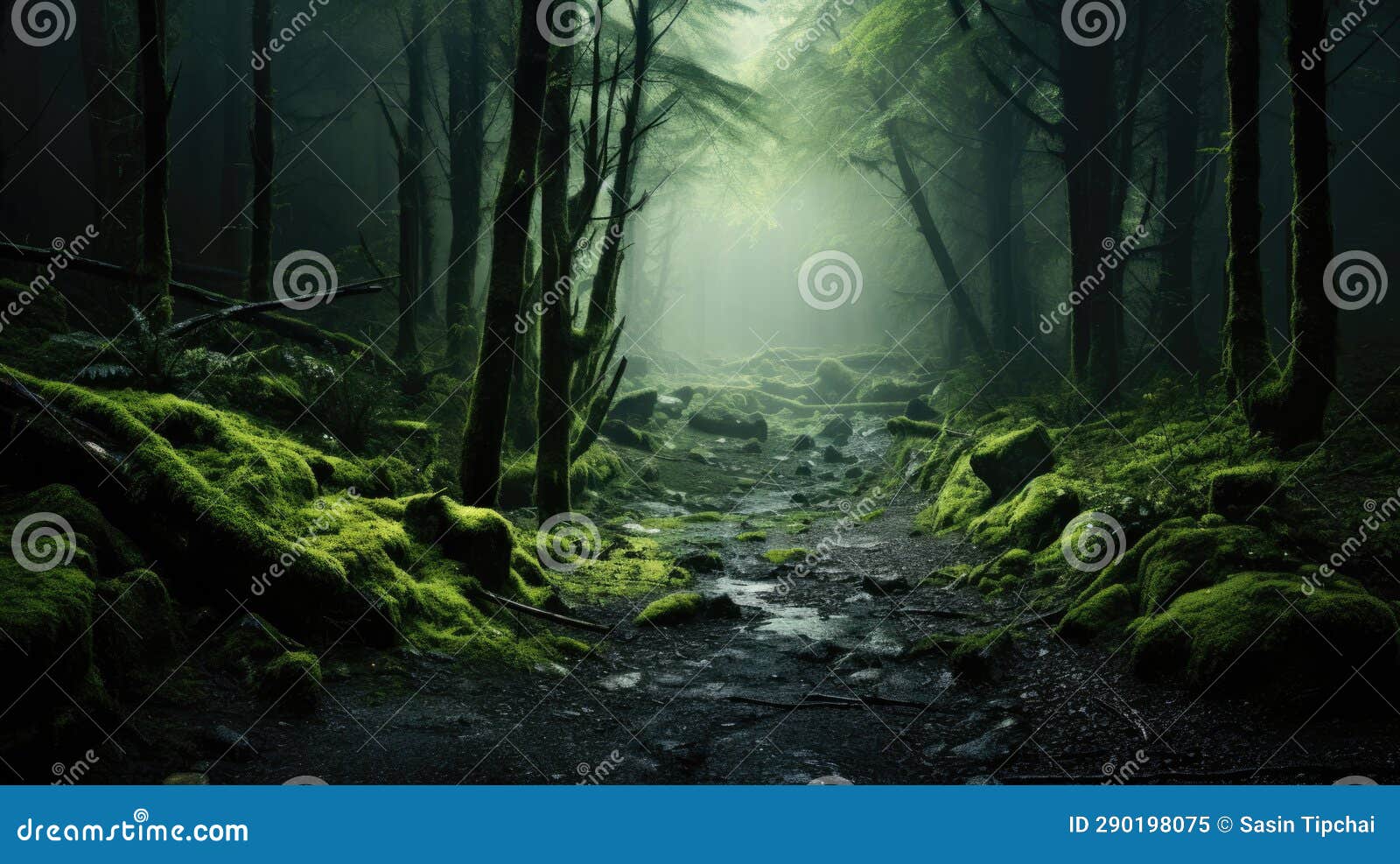 Magic Deep Forest with Moss and Fog Stock Illustration - Illustration ...