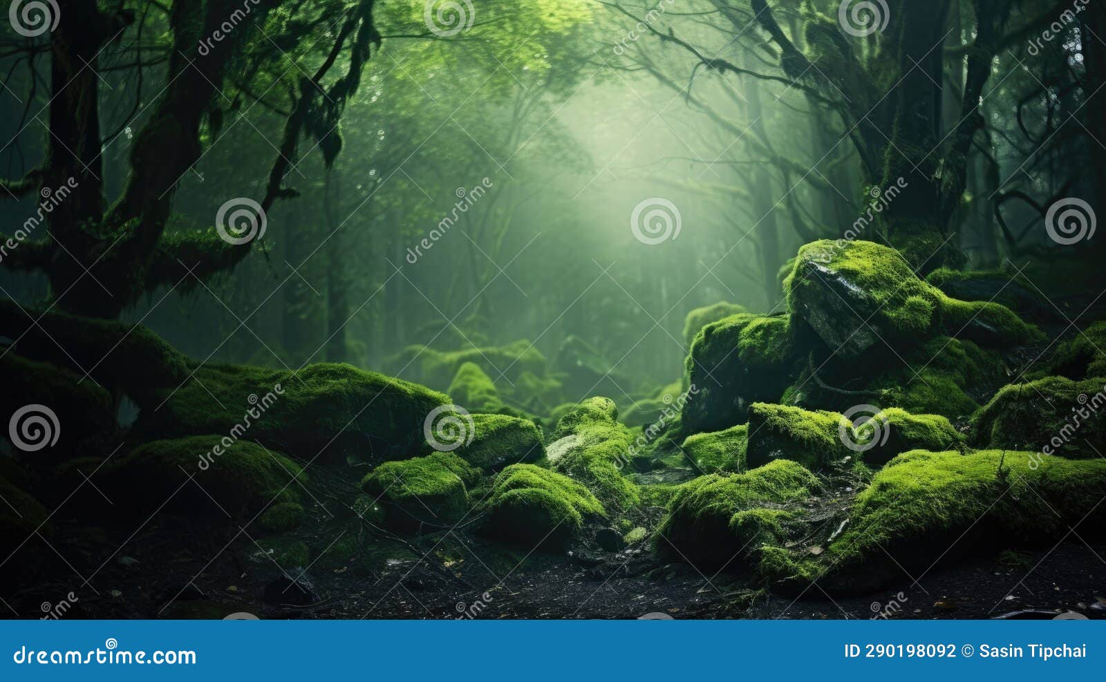 Magic Deep Forest with Moss and Fog Stock Illustration - Illustration ...