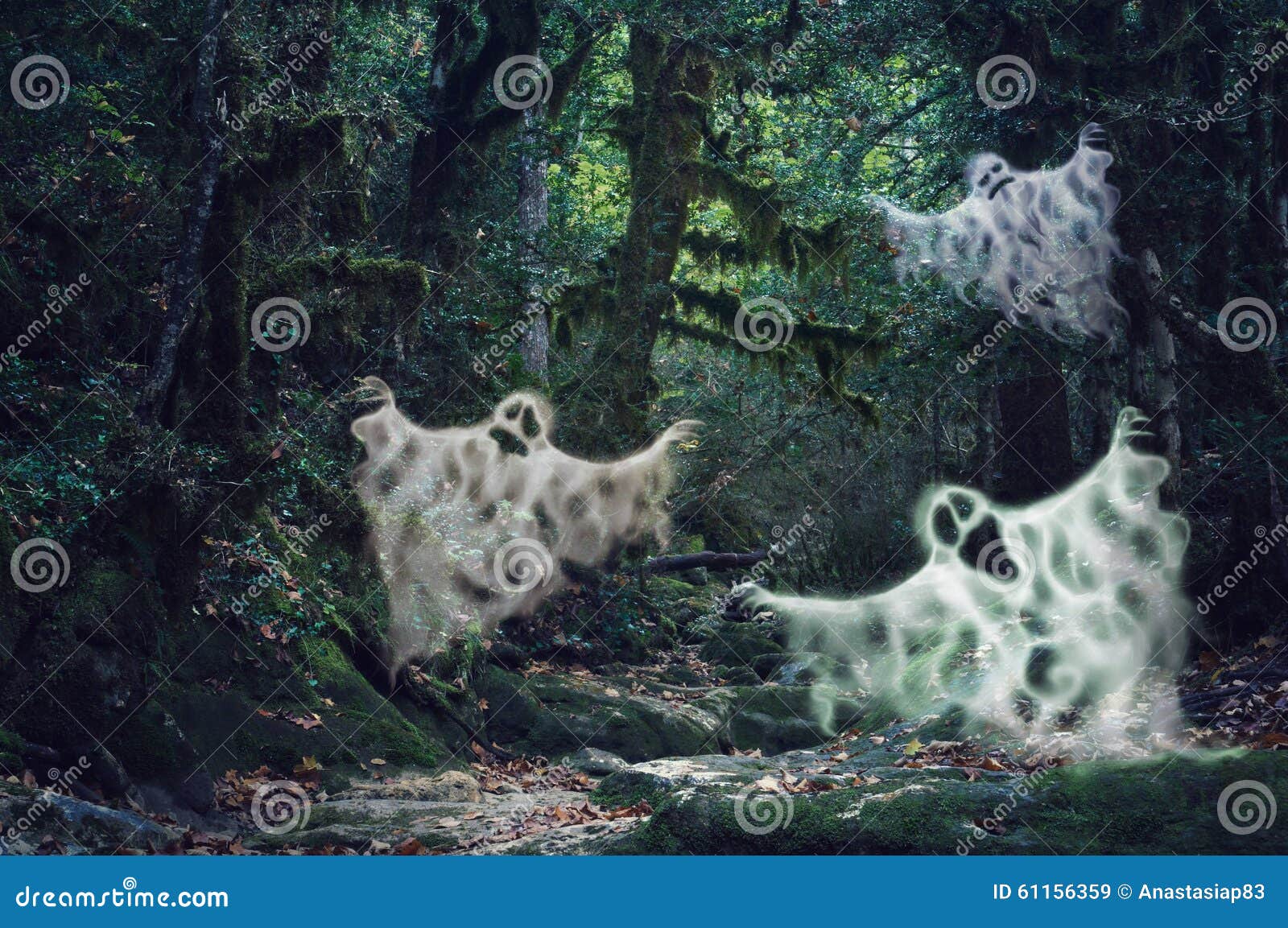 Magic Dim Light Haunted Forest With Three Scary Ghosts Stock Image ...
