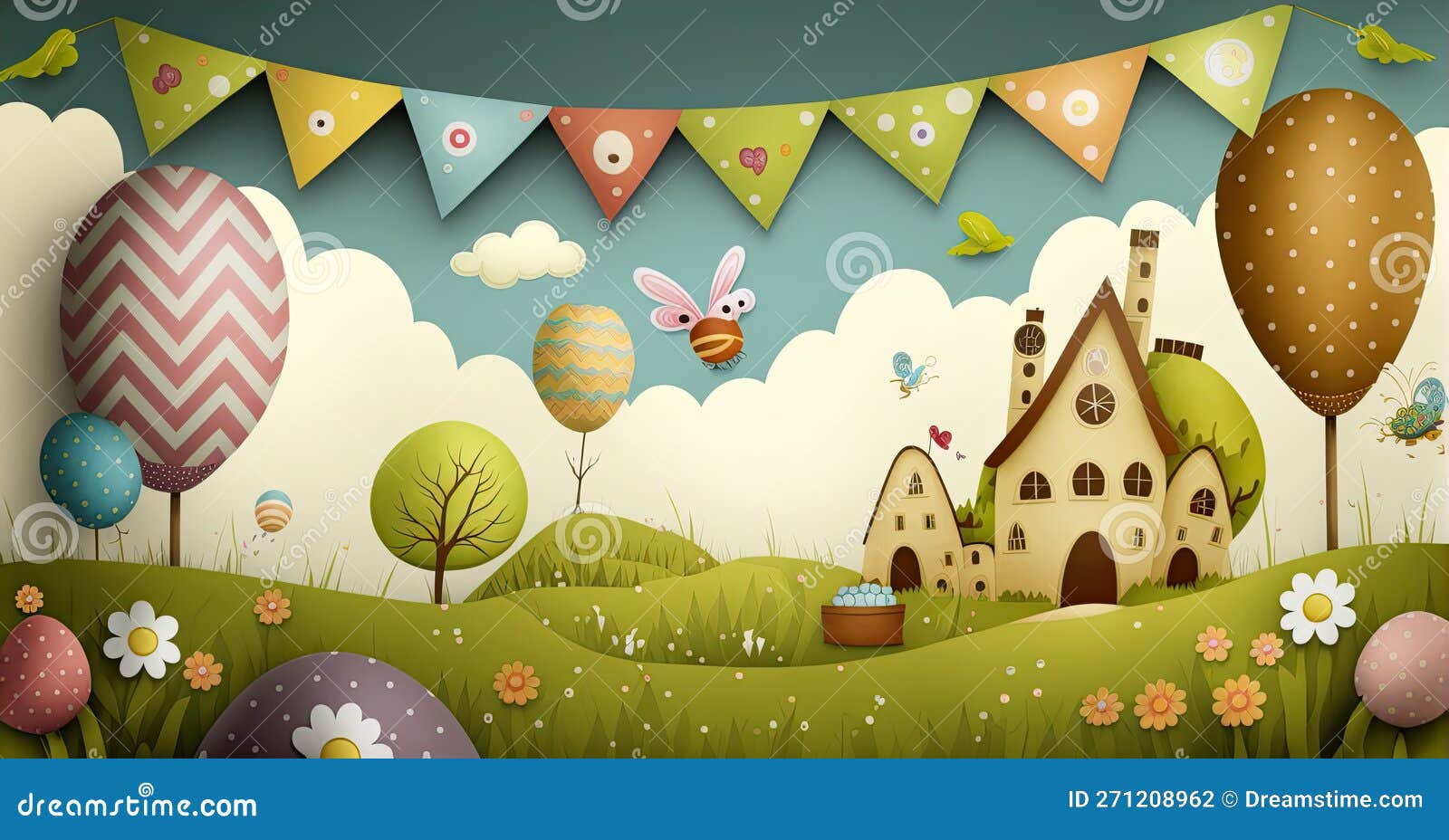 Magic Easter House in the Landscape with Big Painted Eggs. Beautiful ...