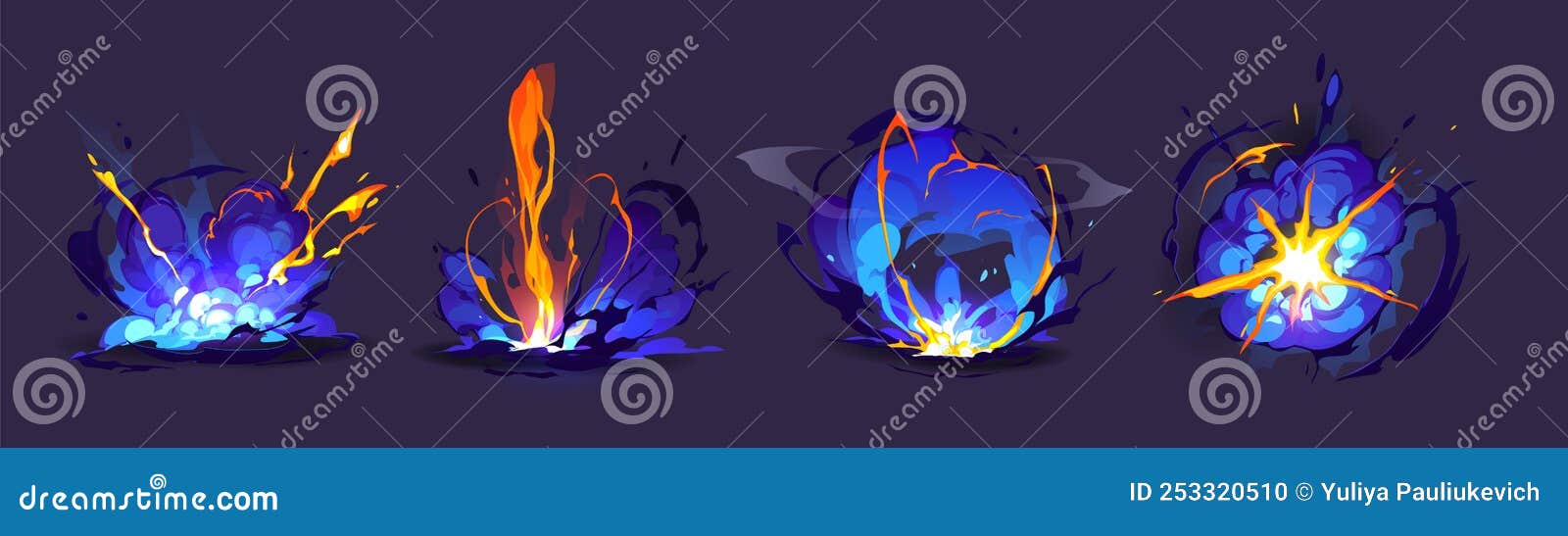 Magic Explosions, Flash with Fire and Blue Smoke Stock Vector ...