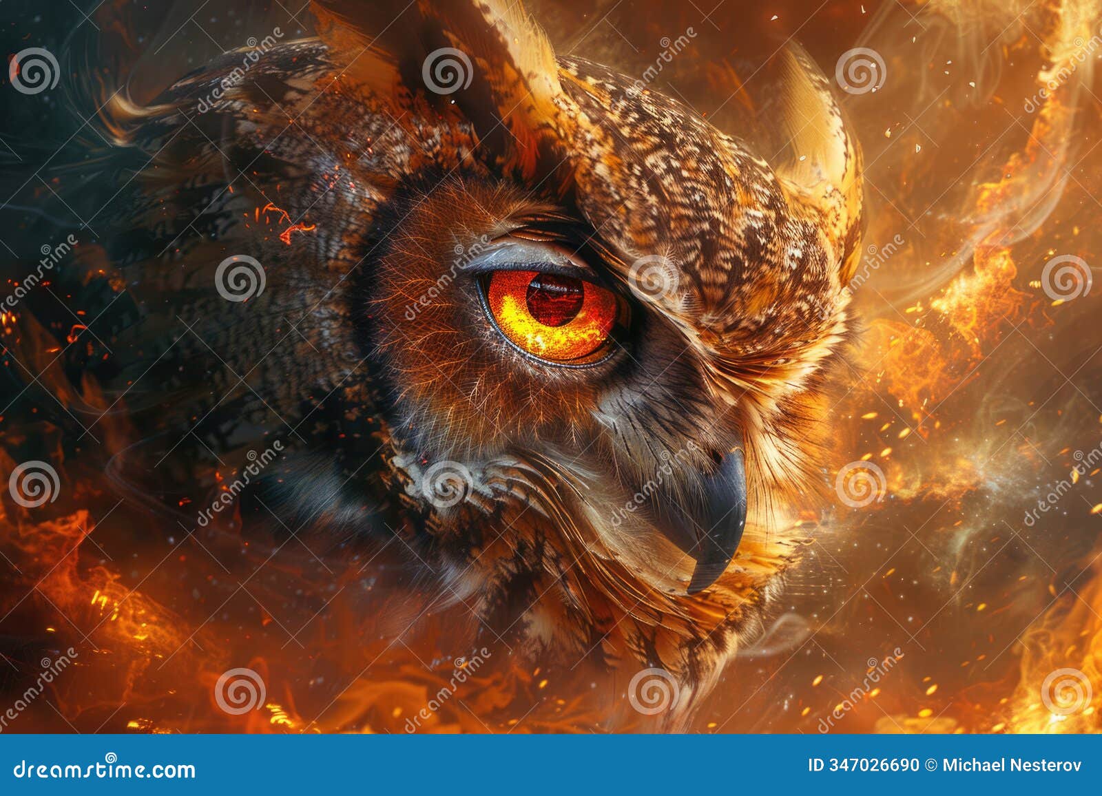 Magic fiery owl with flame stock photo. Image of feather - 347026690