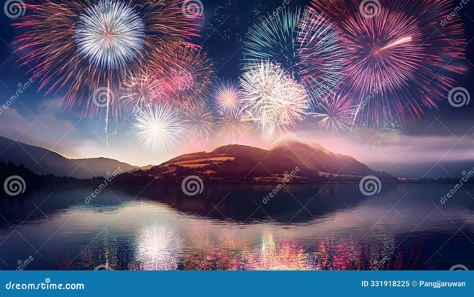 Magic Firework Show Above the Lake with Reflection of Hills Stock ...