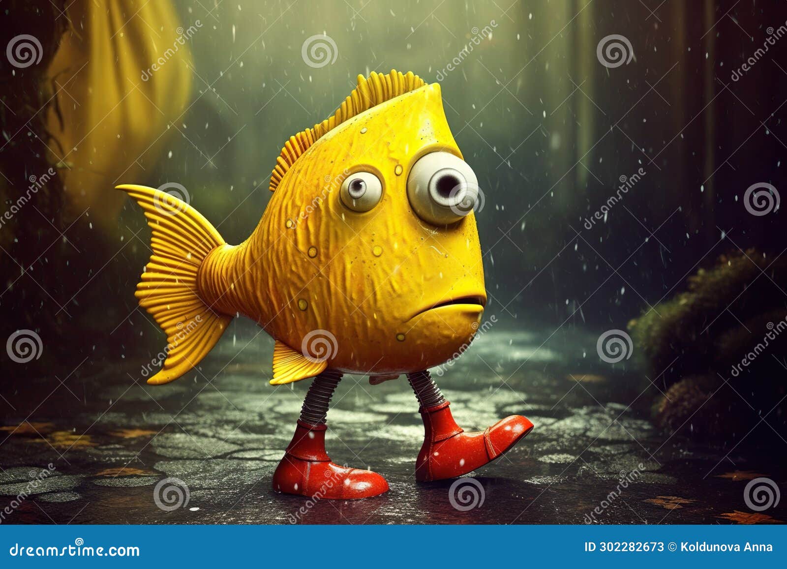 Fish with Legs in Yellow Rubber Boots Walking Under Rain, Created with ...