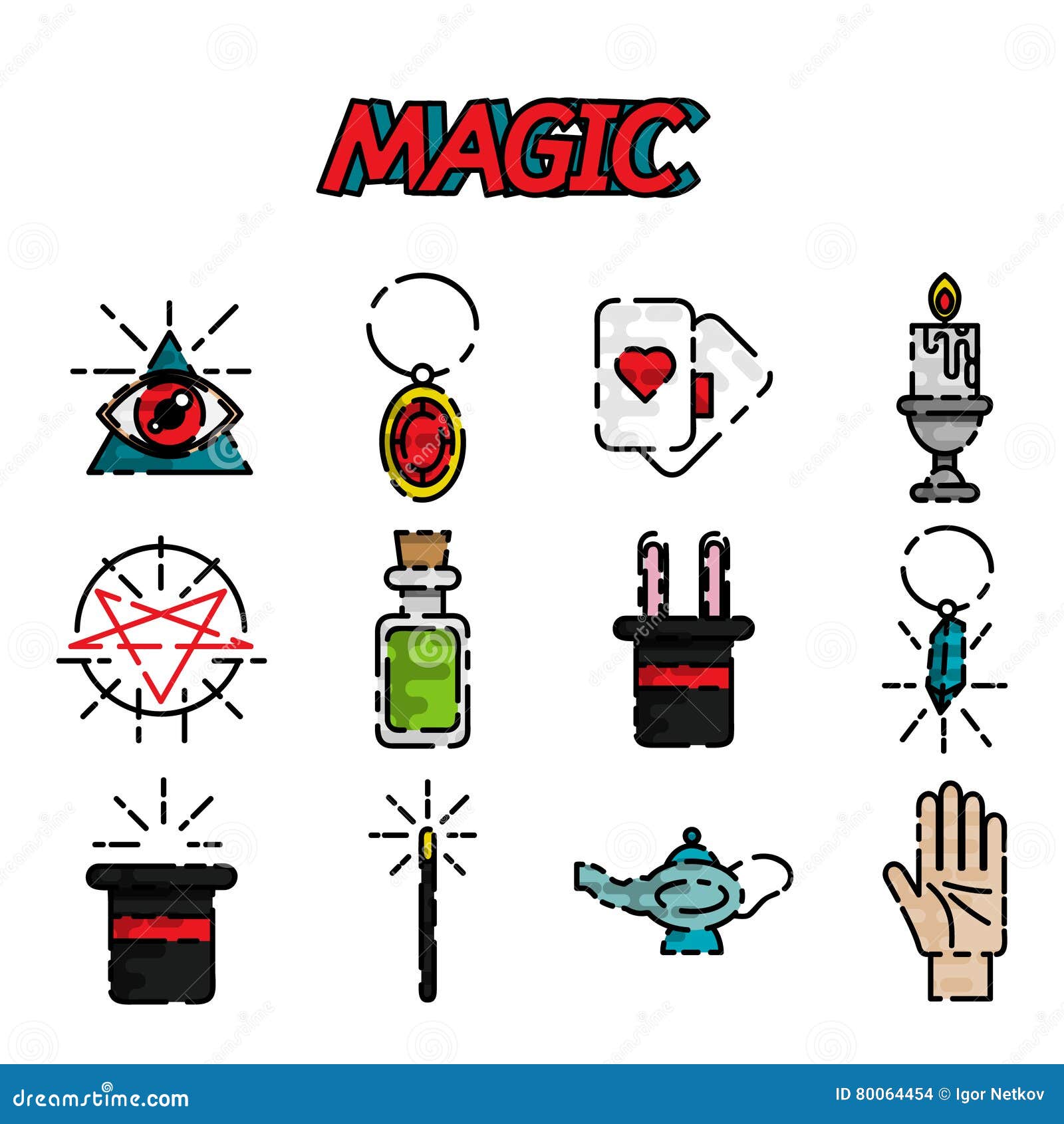Magic flat icon set stock vector. Illustration of hocus - 80064454