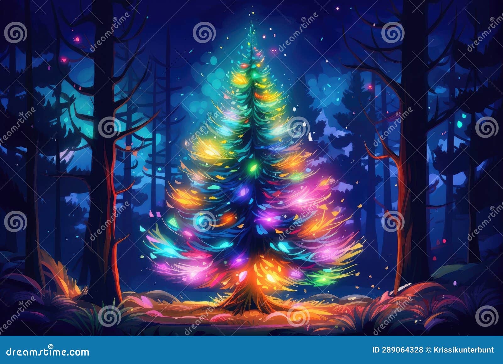 Magic Forest Colorful Christmas Tree with Glowing Lights Stock ...