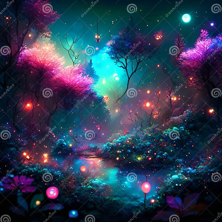 Magic Forest with Magic Light in the Night. Panoramic Illustration AI ...