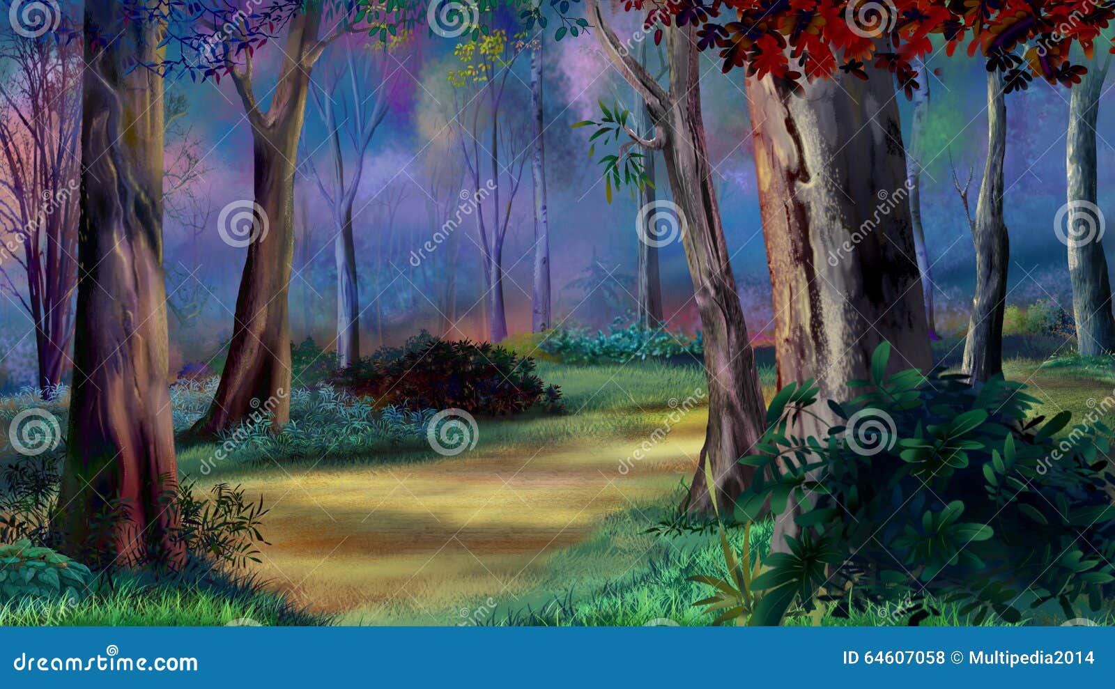 Magic forest on sunset stock illustration. Illustration of path - 64607058