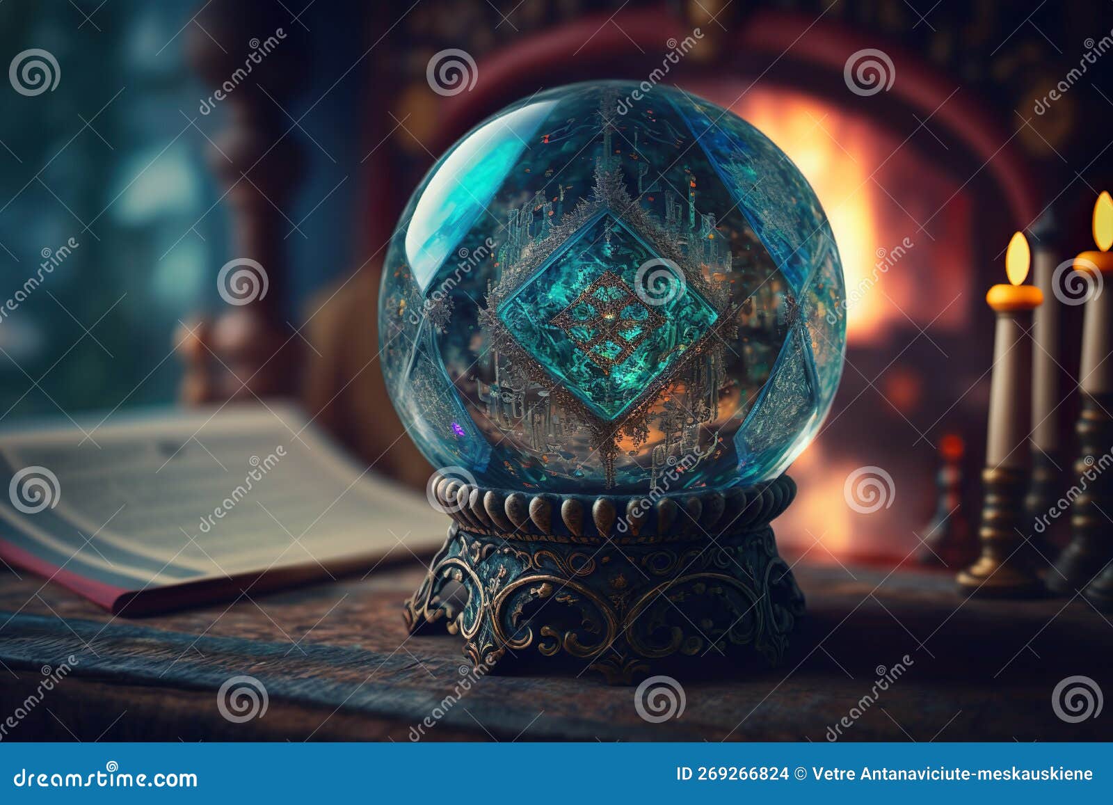Magic Fortune Telling Clear Crystal Ball with Magic Tools on Table ...