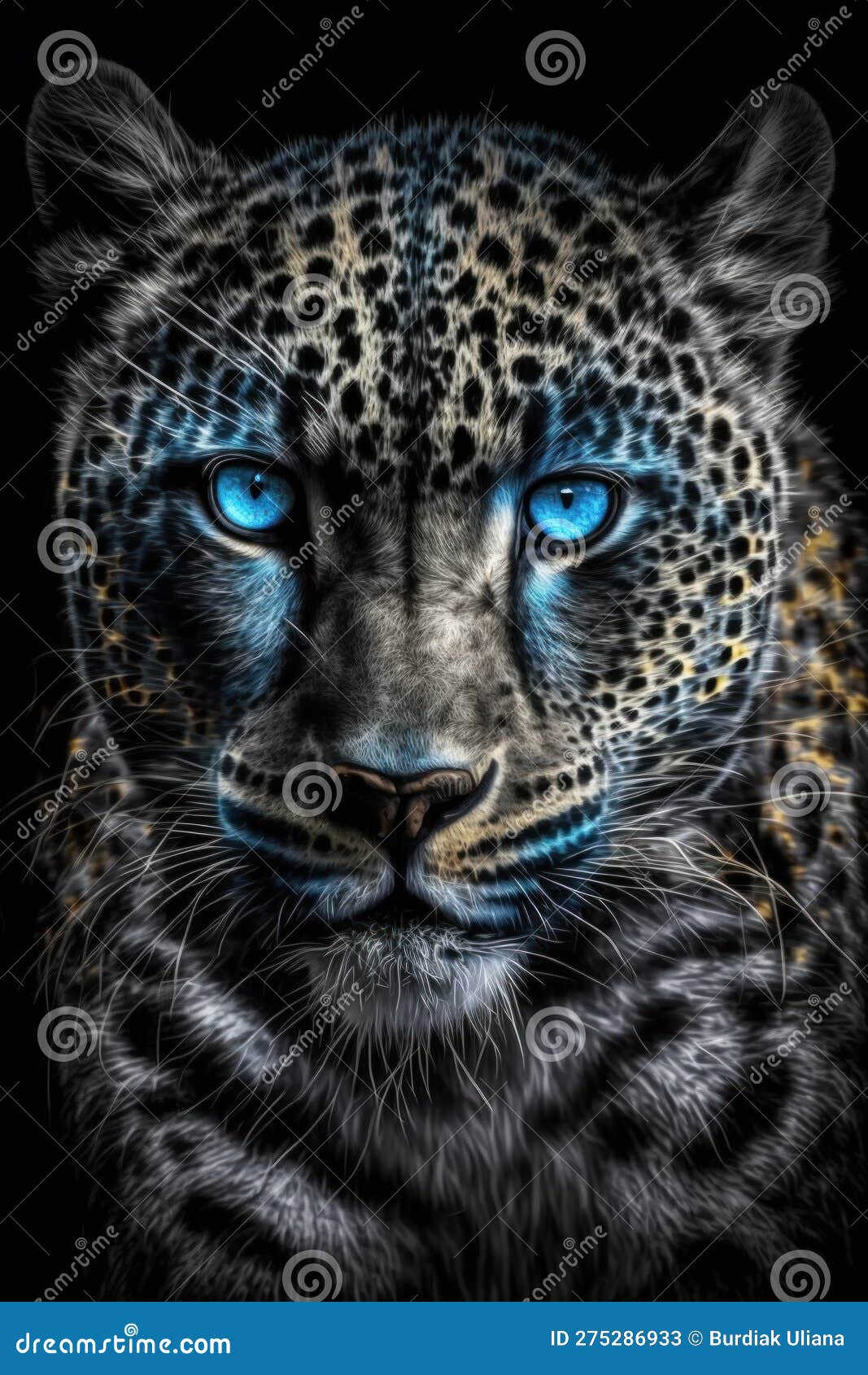 Magic Frost Leopard with Blue Eyes on Black Background. Generative AI ...
