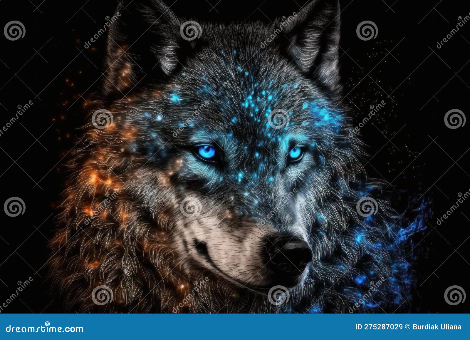 Magic Frost Wolf with Blue Eyes on Black Background. Generative AI ...