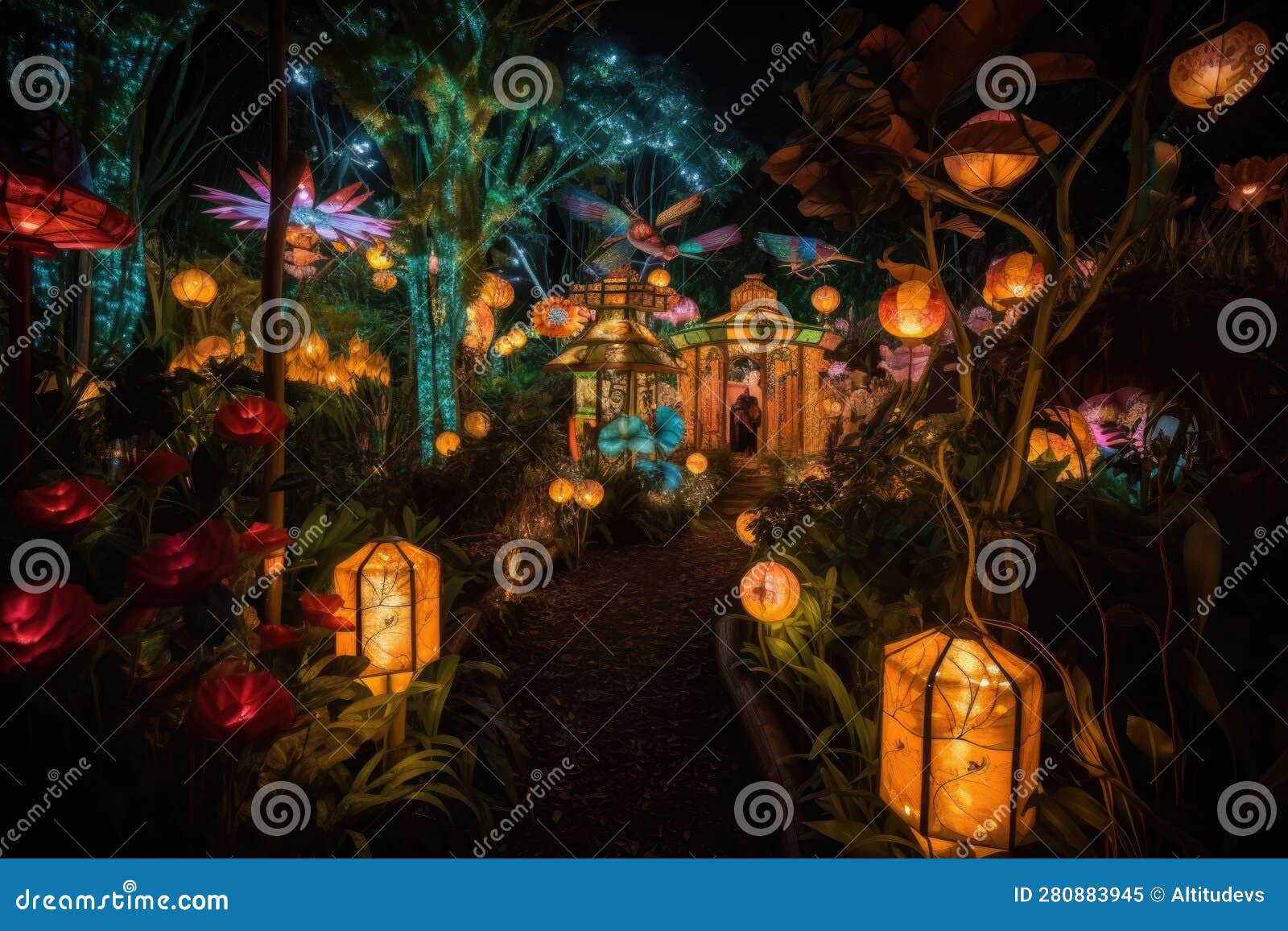Magic Garden, Filled with Glowing Lanterns and Magical Creatures Stock ...