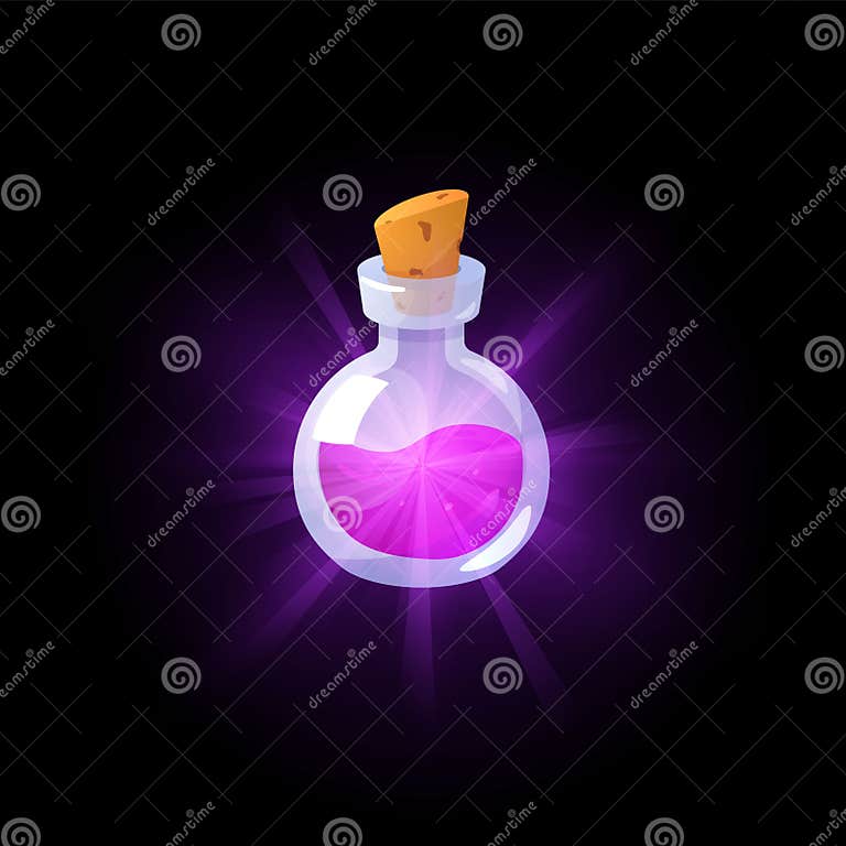 Magic Glowing Pink Potion Flask, Vector Rounded Glass Bottle with ...