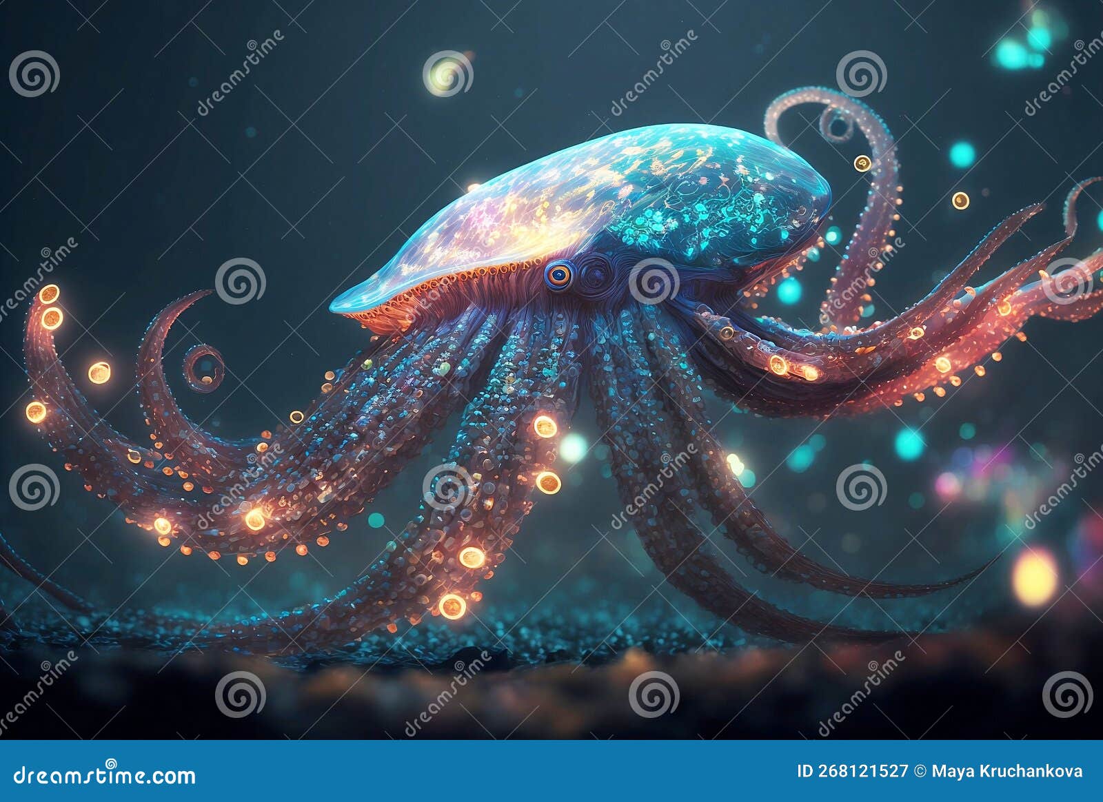 Magic Glowing Transparent Octopus Close-up in Rich Colors Close Up ...