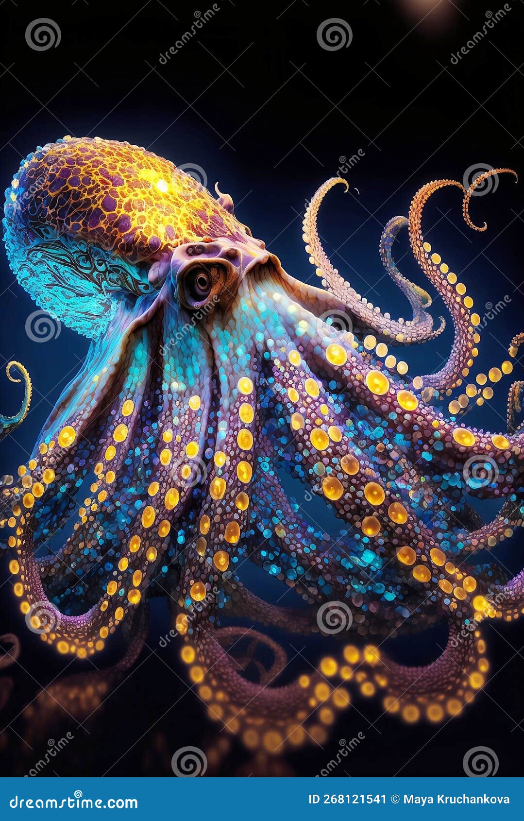 Magic Glowing Transparent Octopus Close-up in Rich Colors Close Up ...