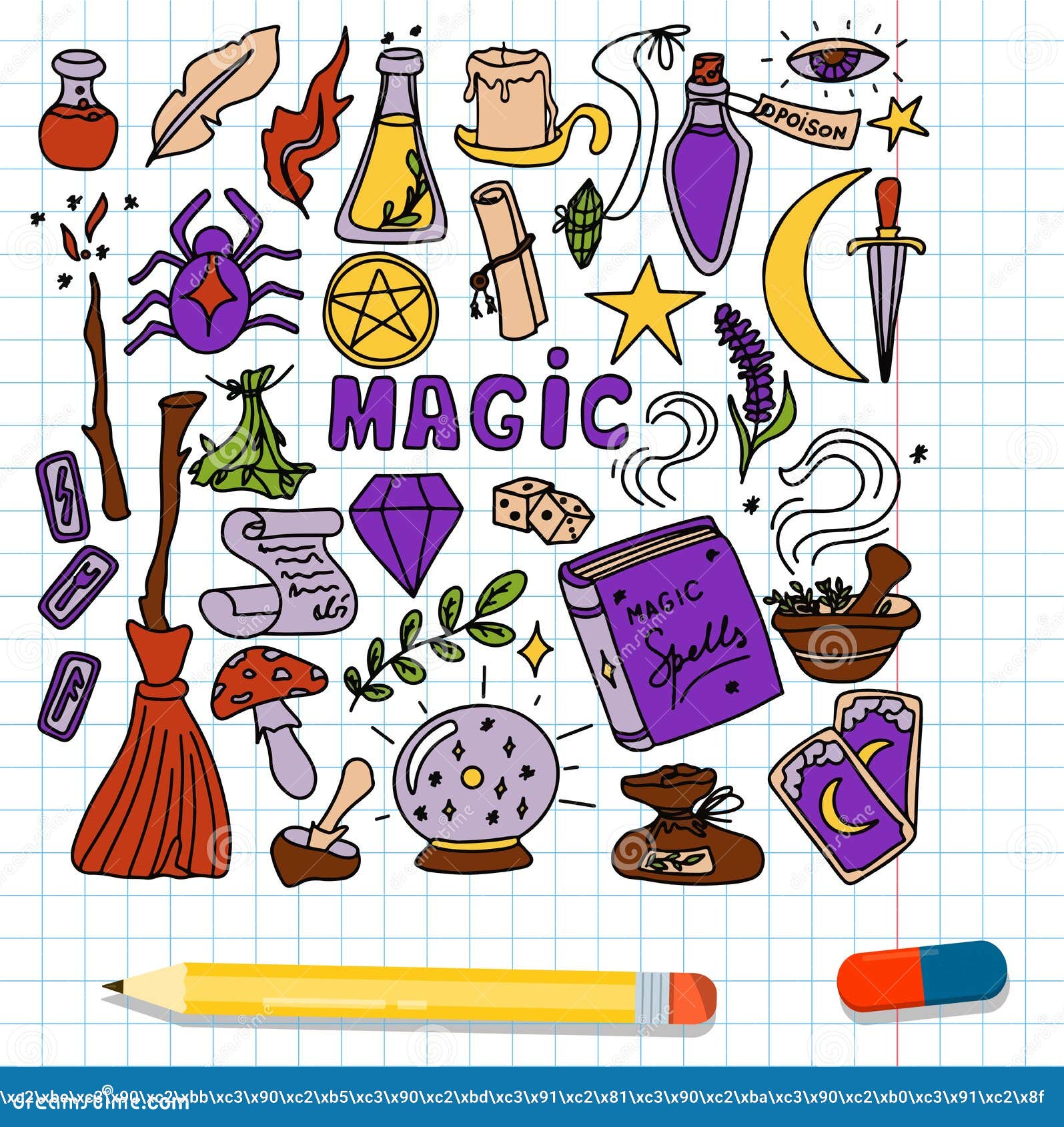 Magic Hand Drawn Doodle Set. Vector Icons of Magic Items. Collection ...