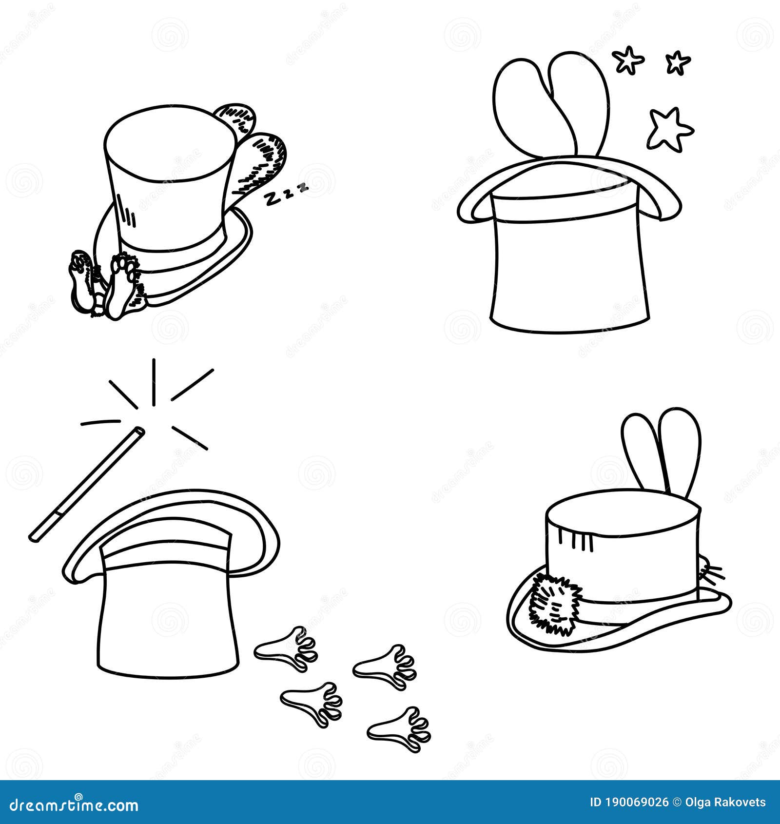 Magic Hats and Rabbit Set, Vector Outline Illustration on Magicians ...