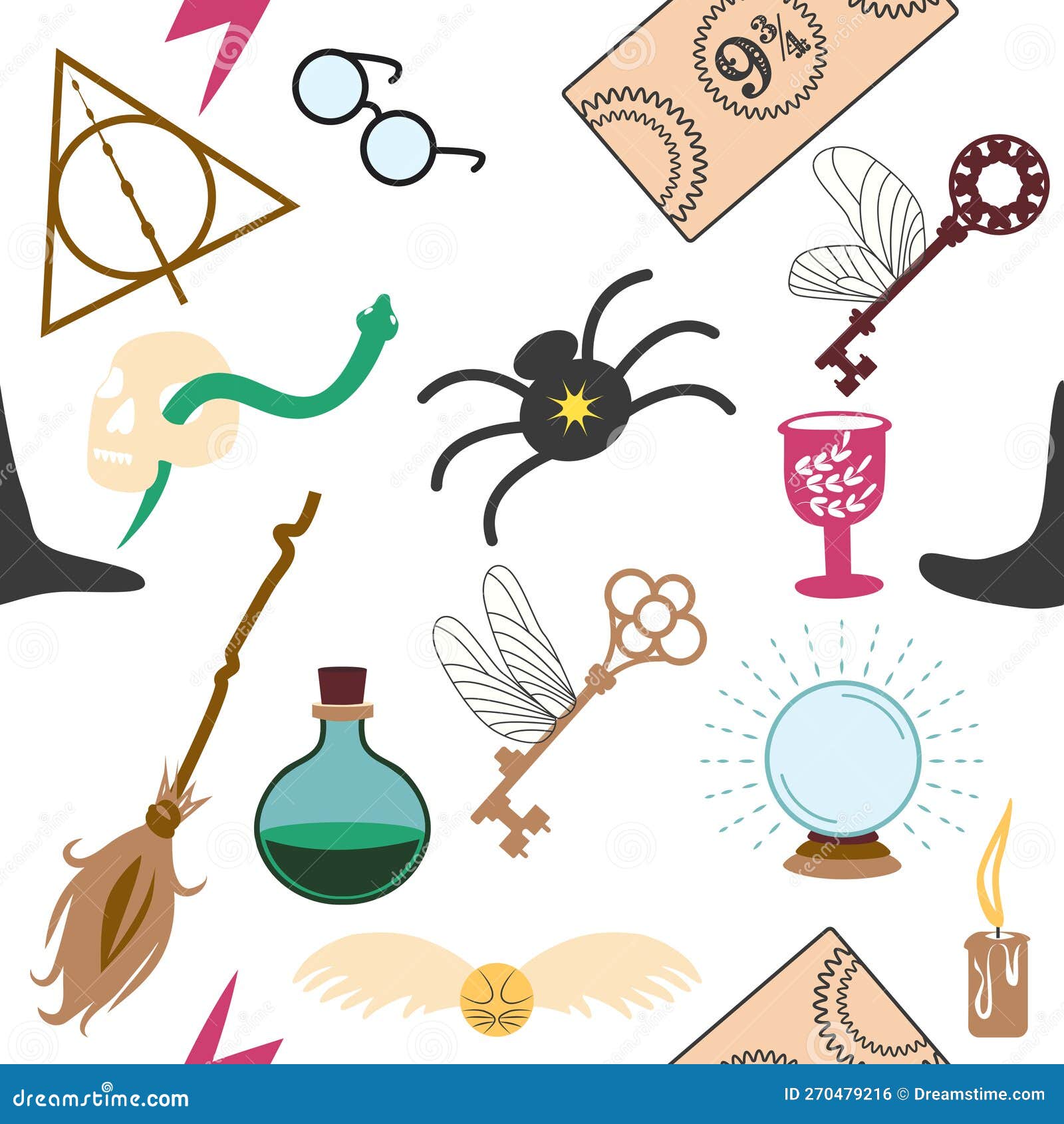 Magic Items Seamless Pattern in Flat Style. School of Magic. Pumpkin ...