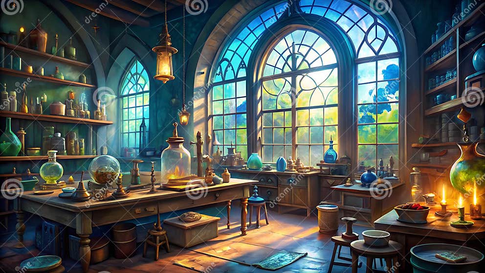 Magic Laboratory with Objects and Experiments with Huge Windows. Stock ...