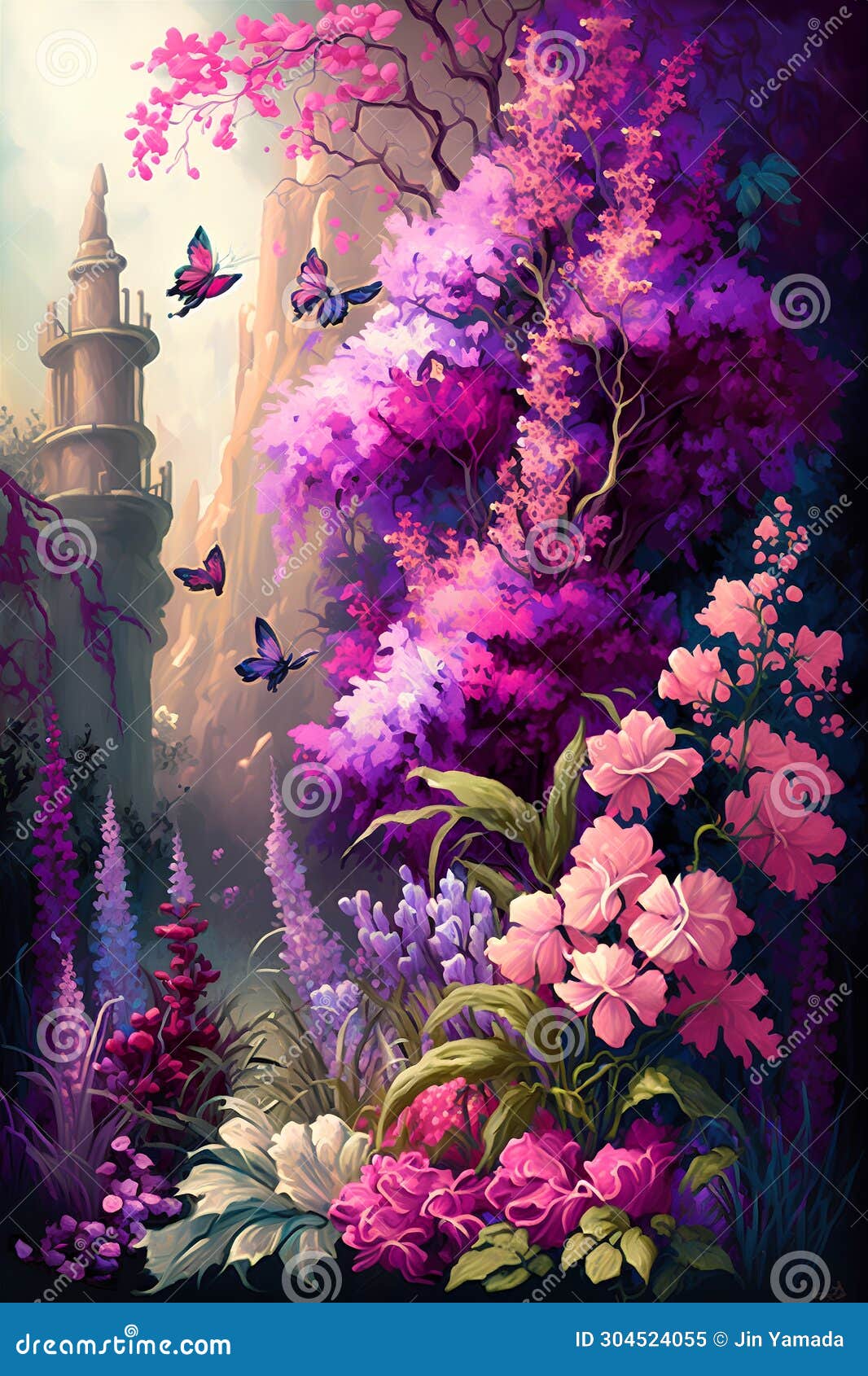 Magic Landscape with Flowers, Mosque, Clouds and Butterflies. Stock ...