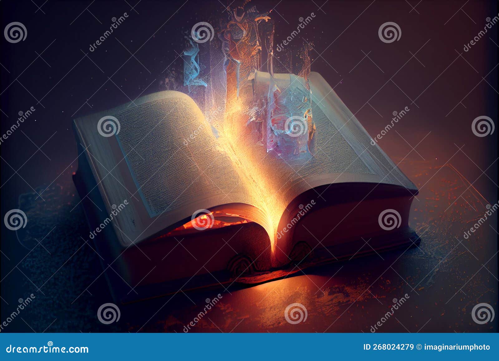 Magic Light Emanating from Open Old Book on Table Stock Illustration ...
