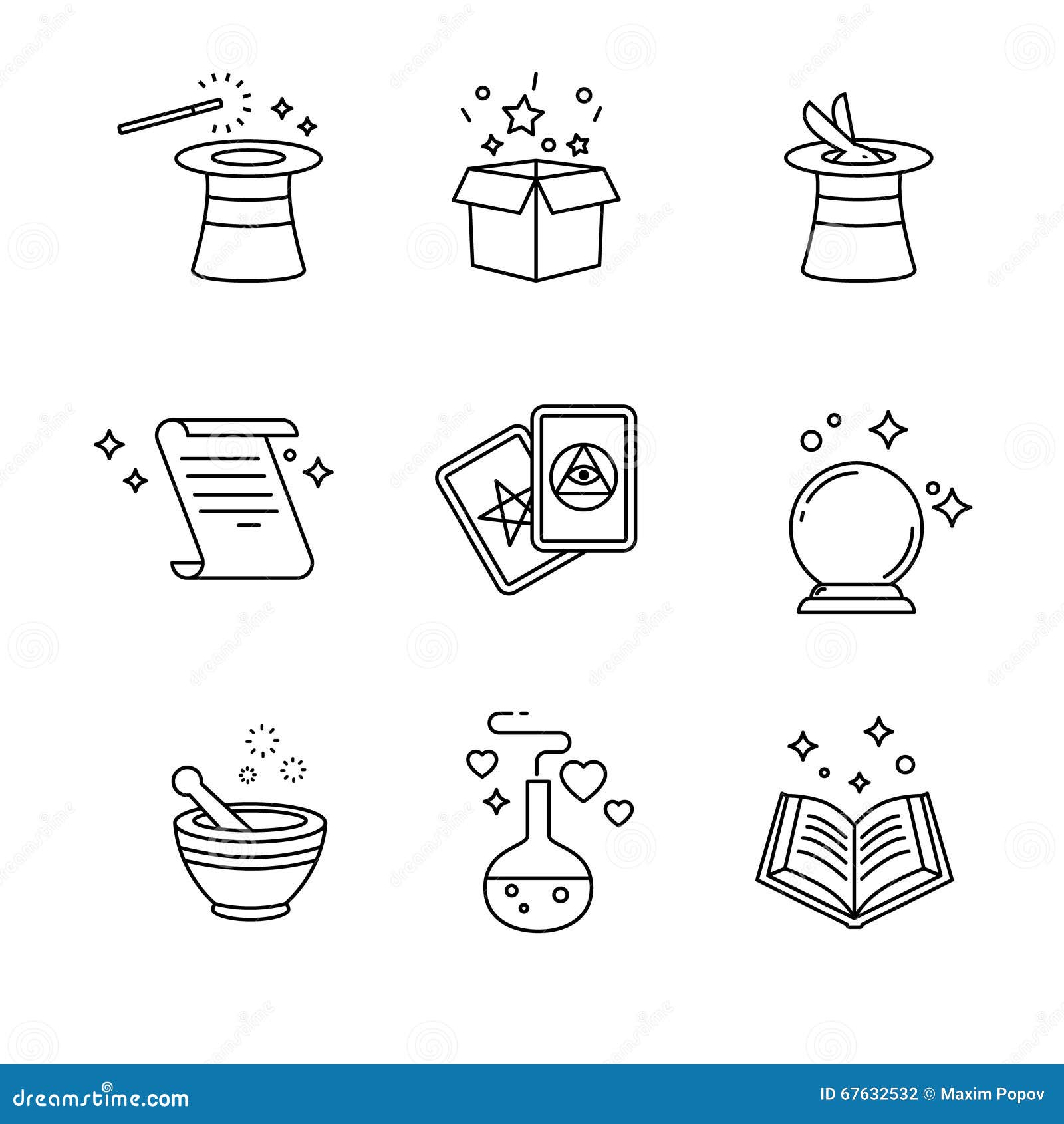 Magic and Magician Tools. Thin Line Art Icons Set Stock Vector ...