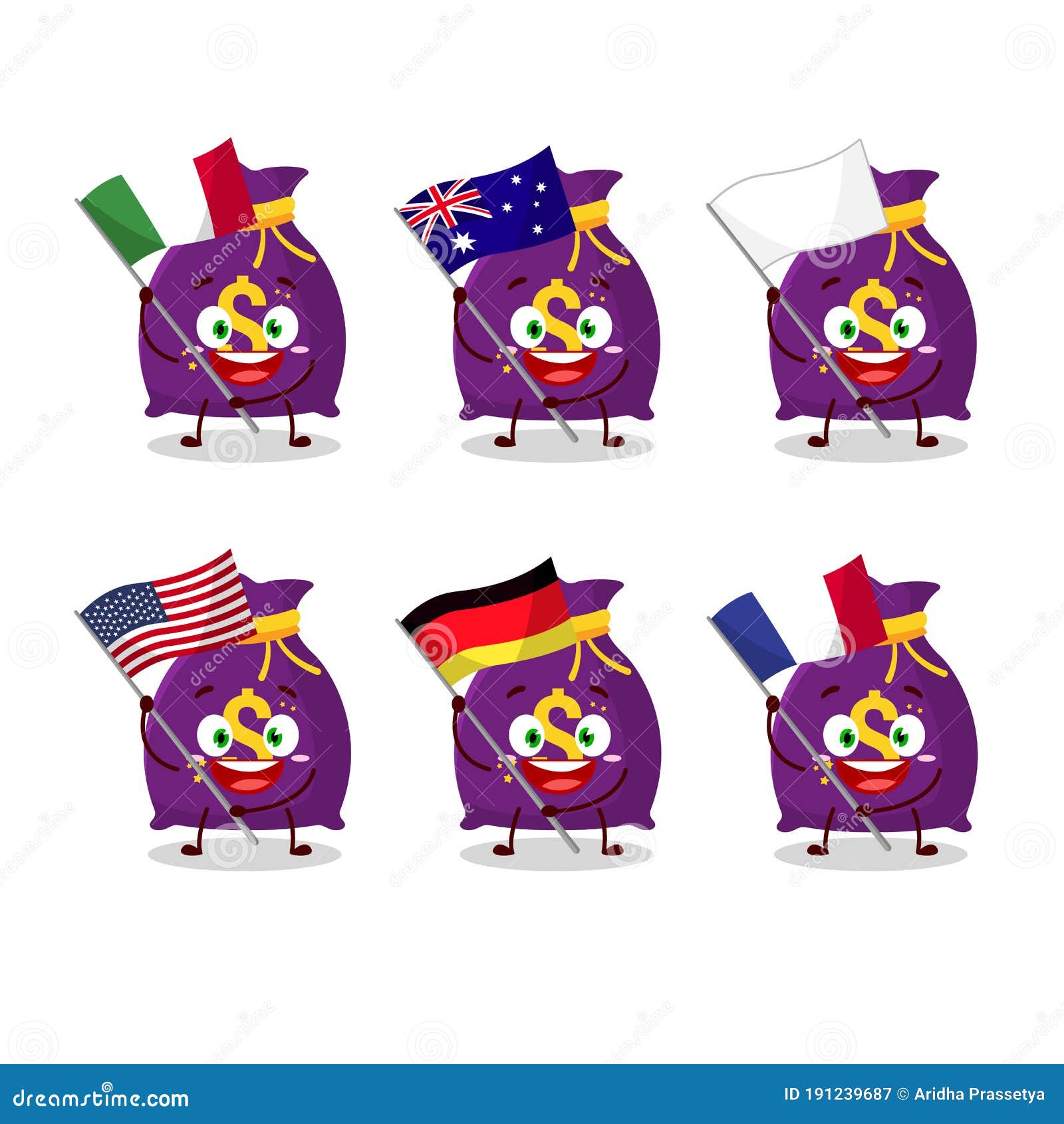 Magic Money Sack Cartoon Character Bring the Flags of Various Countries ...