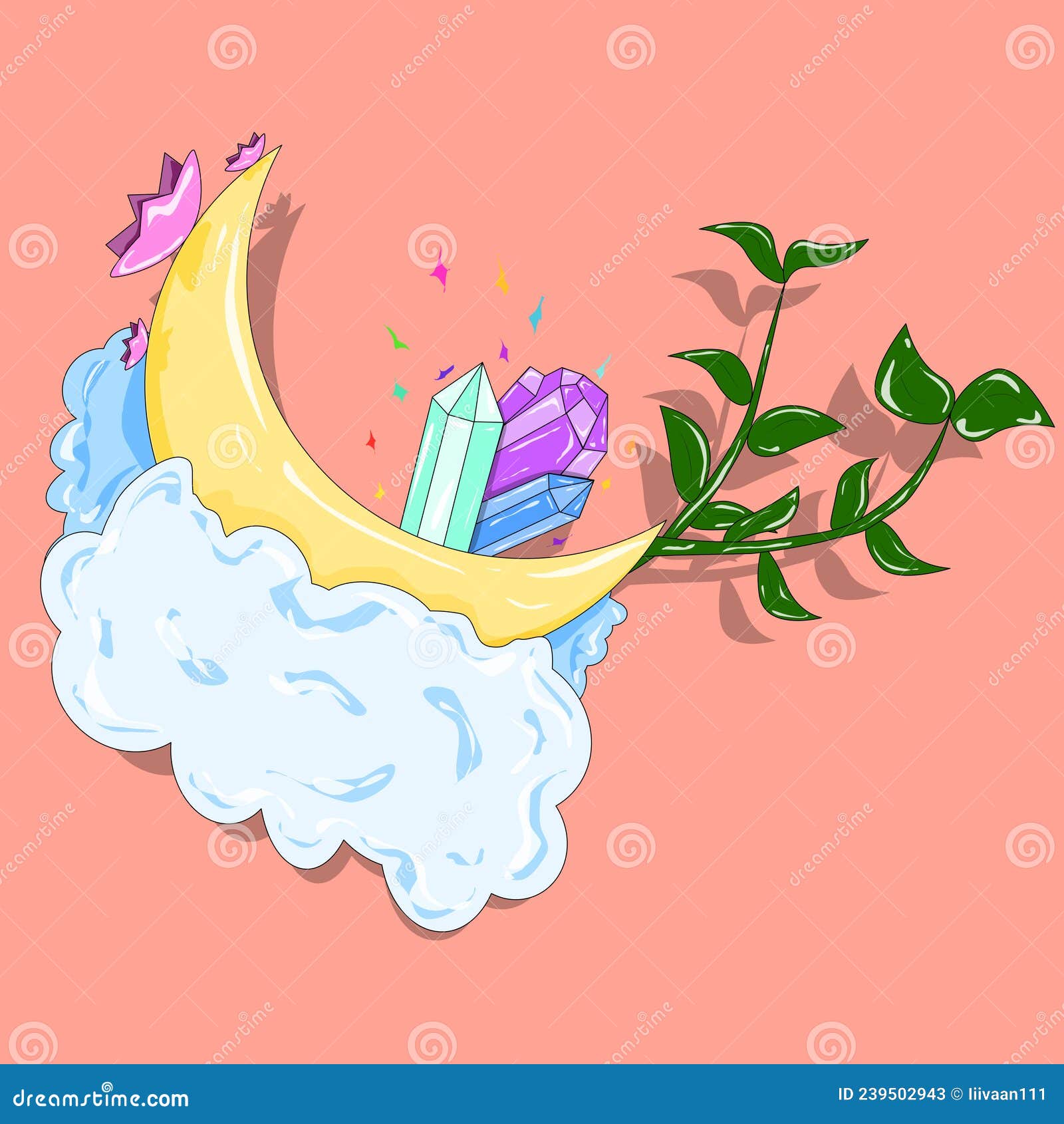 Magic Moon with Crystal Lotuses and Plants Stock Vector - Illustration ...