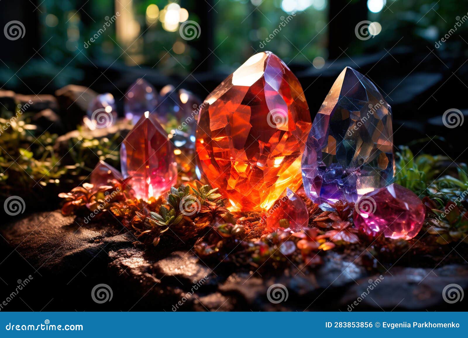 Magic Multi-colored Crystals in a Mystical Dark Forest. the Concept of ...