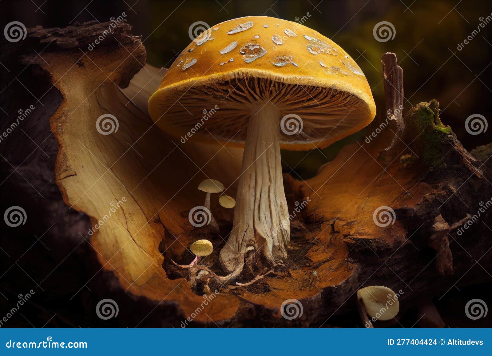 Magic Mushroom Growing from Decaying Tree Trunk Stock Illustration ...