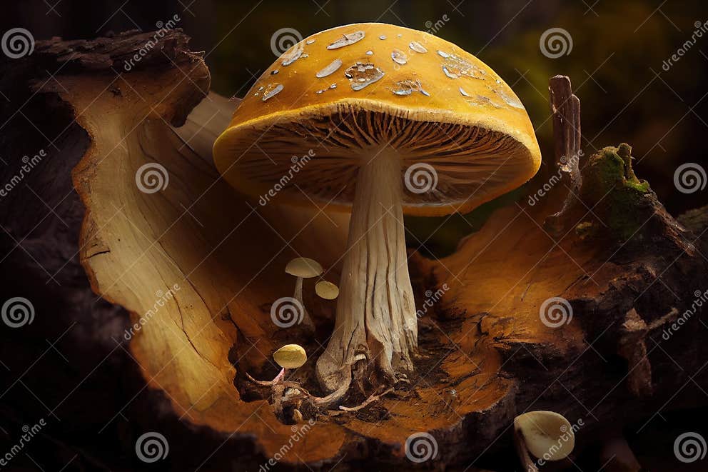 Magic Mushroom Growing from Decaying Tree Trunk Stock Illustration ...