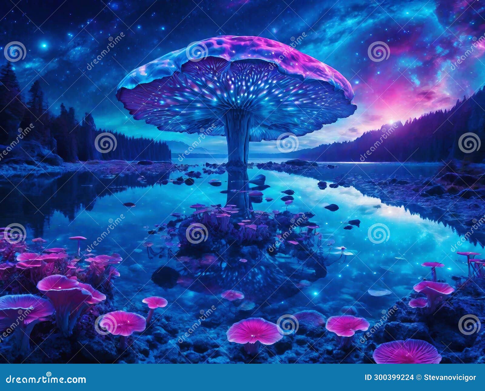 Magic Mushroom at Night, Reflection in the Lake, Generative Ai Stock ...