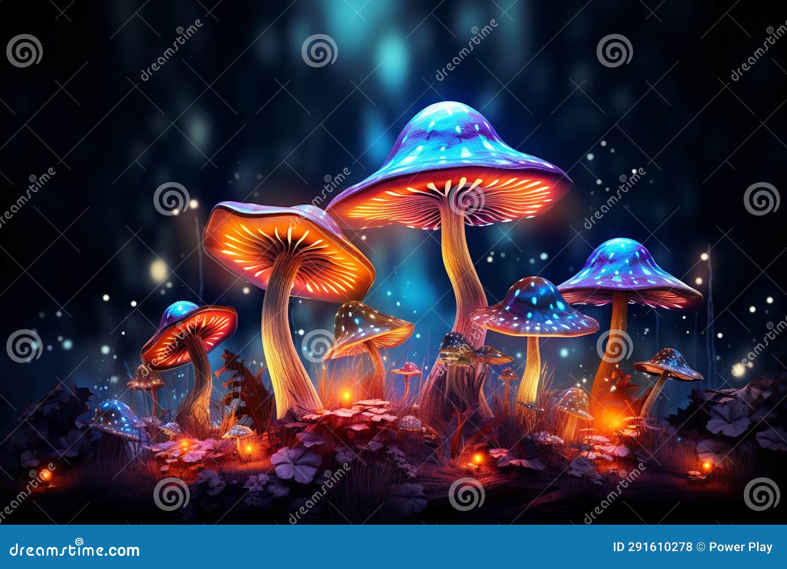 Magic Mushrooms in the Forest at Night. 3d Render Illustration Stock ...
