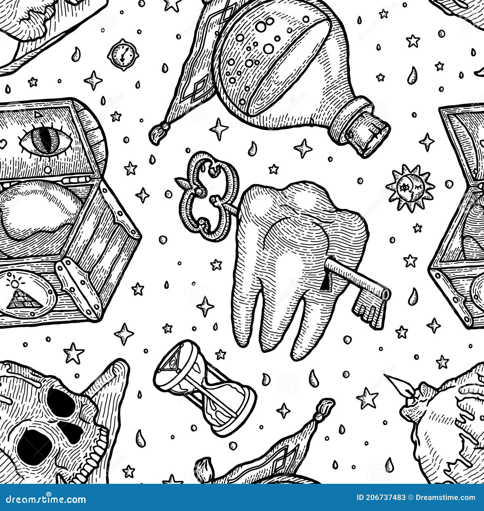 Magic Mystic Seamless Pattern of Wizard Element. Black and White Set in ...