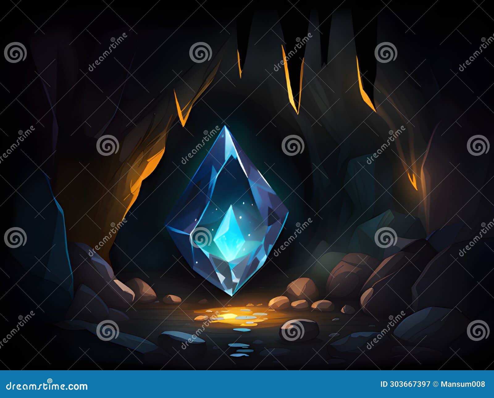 Magic Neon Glowing Magic Crystal in the Cave Stock Illustration ...