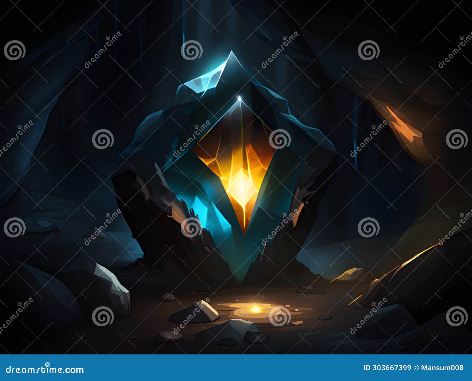 Magic Neon Glowing Magic Crystal in the Cave Stock Illustration ...