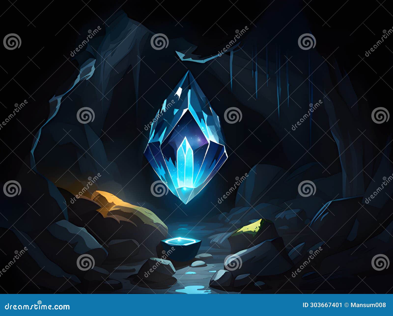 Magic Neon Glowing Magic Crystal in the Cave Stock Illustration ...