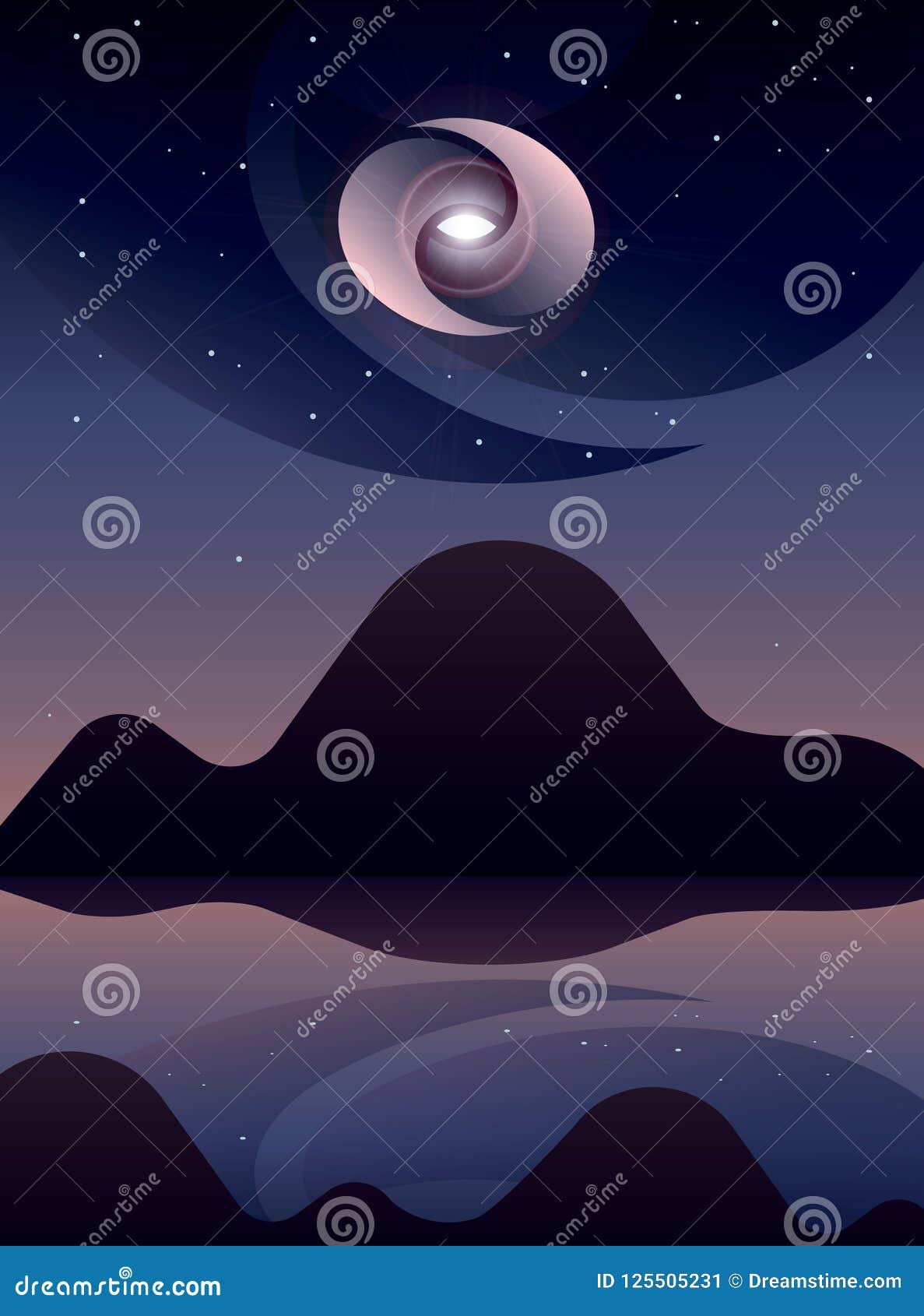Magic Night Landscape with Water and Mountain Stock Illustration ...
