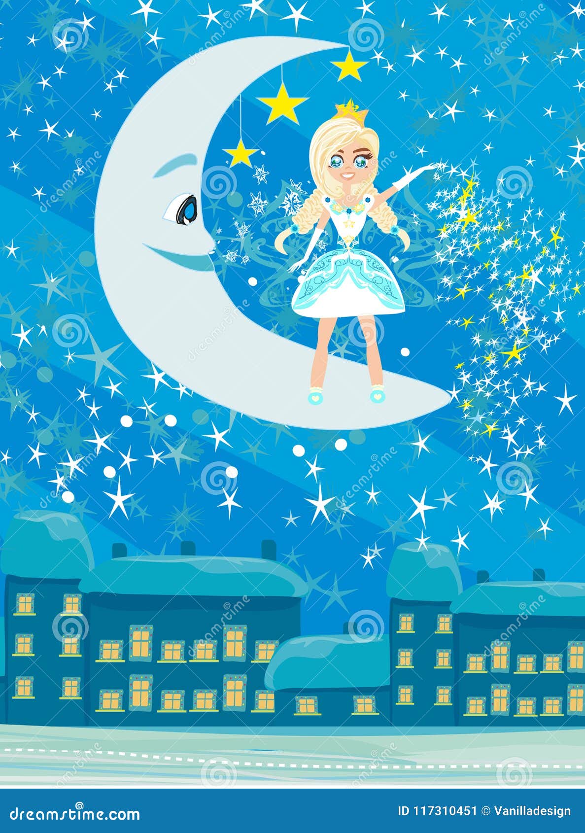Magic at night stock vector. Illustration of girl, houses - 117310451