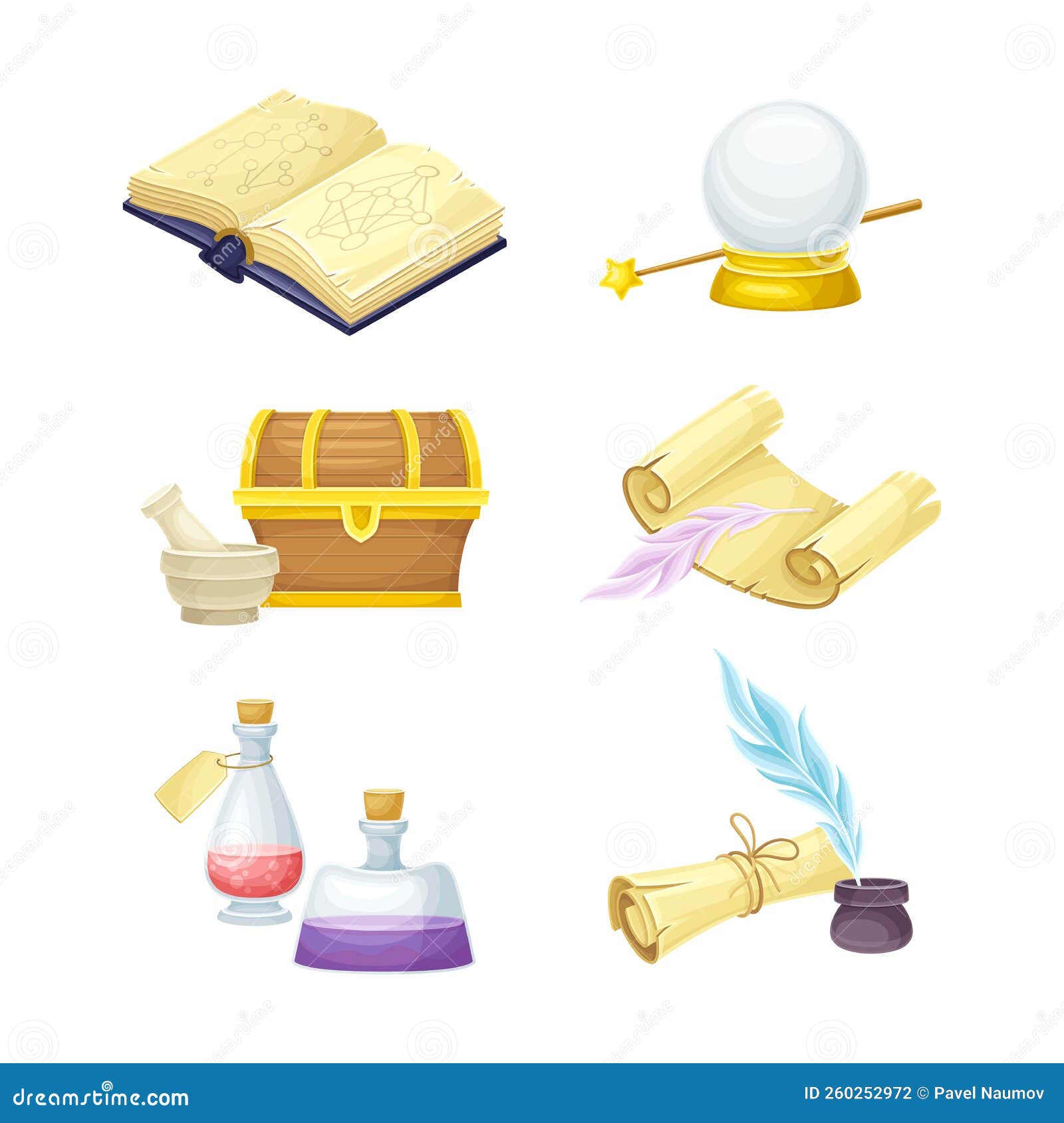 Magic Objects Set. Book, Glass Ball, Bottles of Potion, Chest, Paper ...