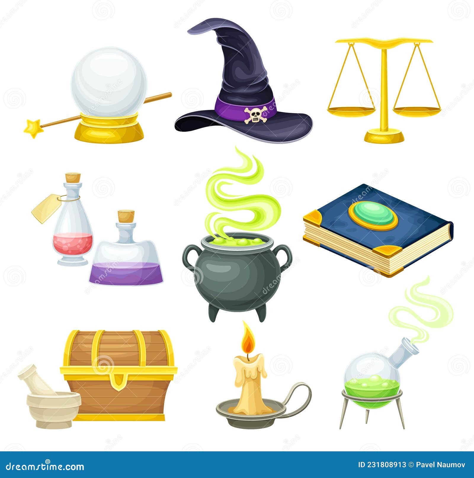 Magic Objects Set. Magic Wand, Glass Ball, Cauldron with Bubbling ...